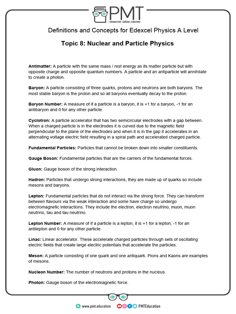 Definitions - Topic 8 Nuclear and Particle Physics - Edexcel Physics A-Level | PDF | Elementary ...