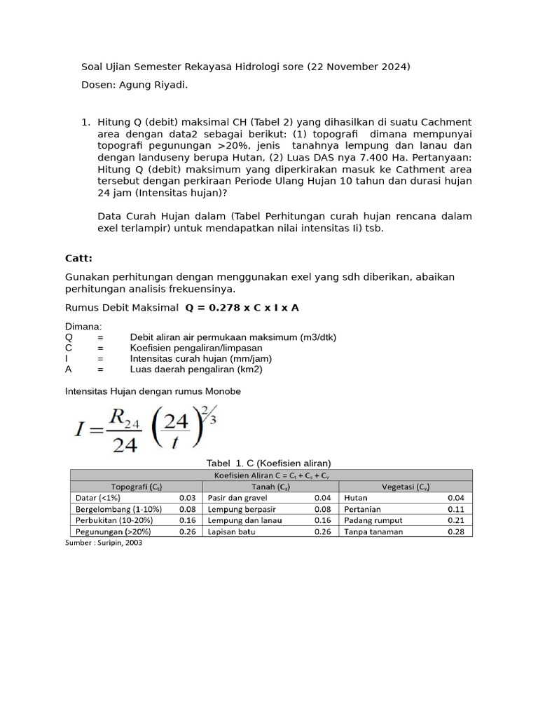 Soal Ujian Semester Rekayasa Hidrologi Sore | PDF