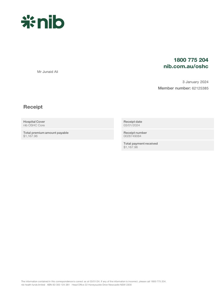 OSHC Payment Receipt for Junaid Ali | PDF