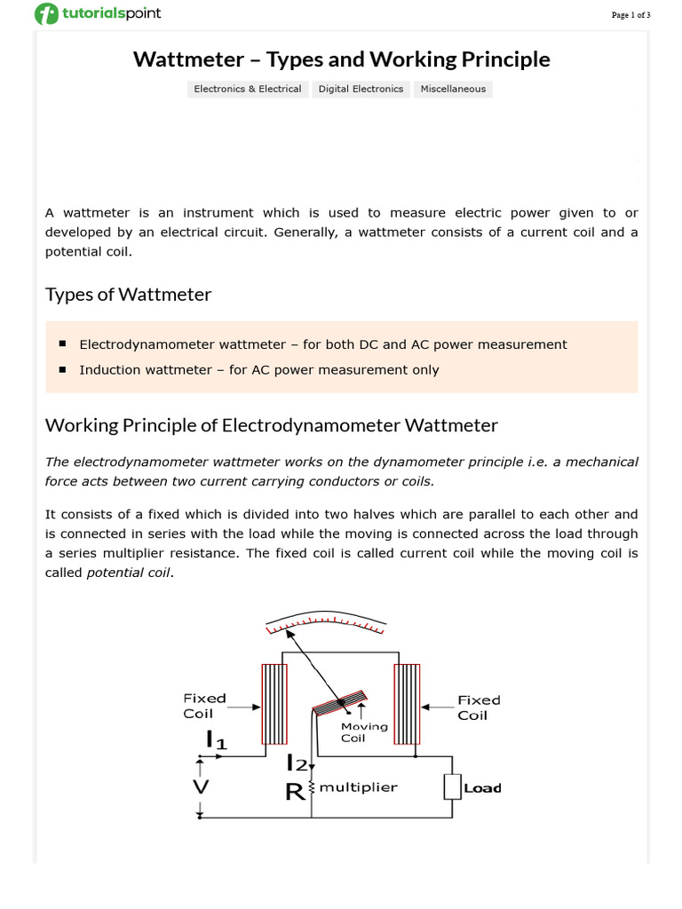 Wattmeter - Types and Working Principle | PDF | Electromagnetic Induction | Inductor