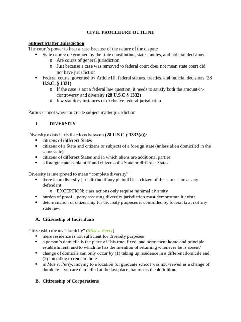 Civil Procedure Outline | PDF | Diversity Jurisdiction | Supplemental Jurisdiction