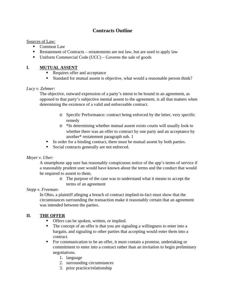 Contracts Outline | PDF | Offer And Acceptance | Consideration