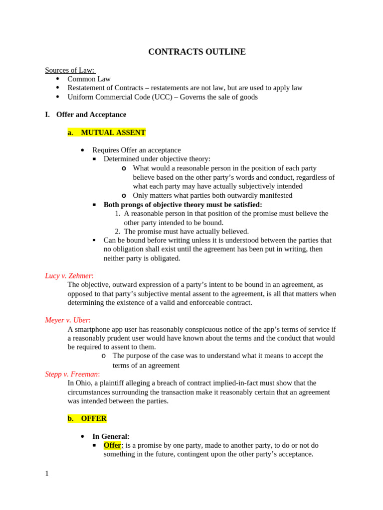 CONTRACTS OUTLINE Updated | PDF | Offer And Acceptance | Consideration