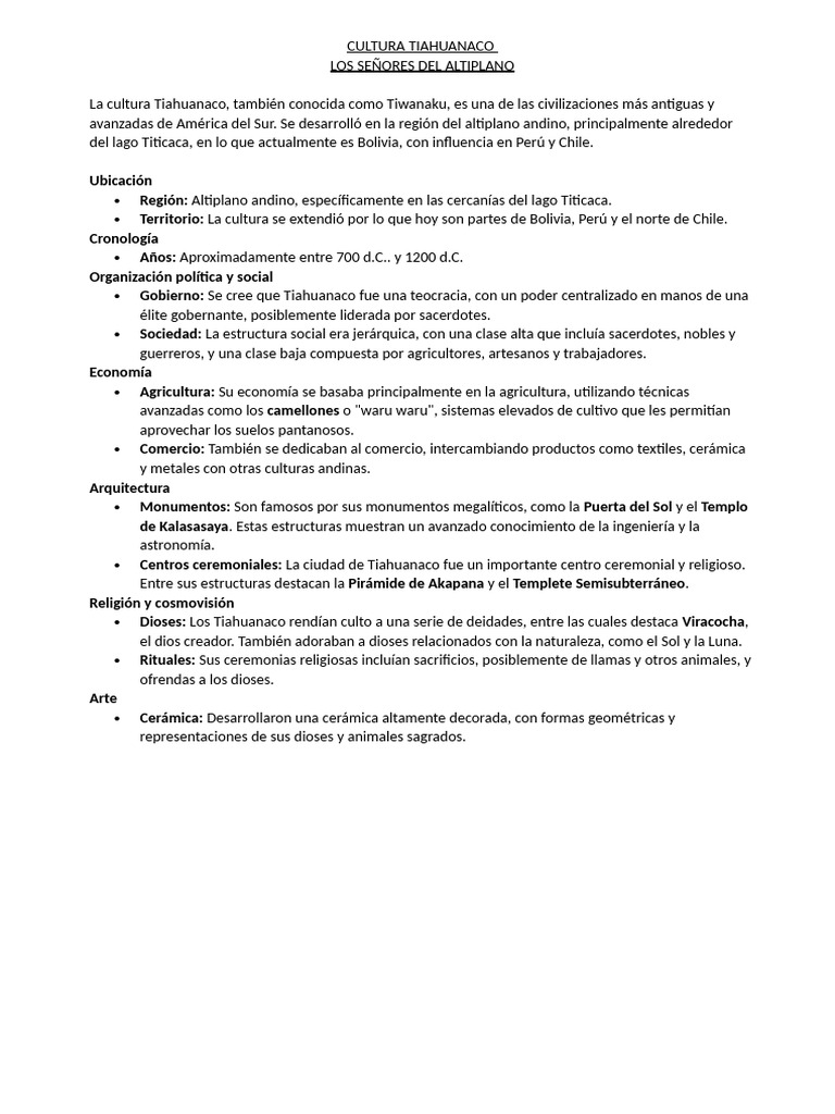 Cultura Tiahuanaco 1ro Sec | PDF
