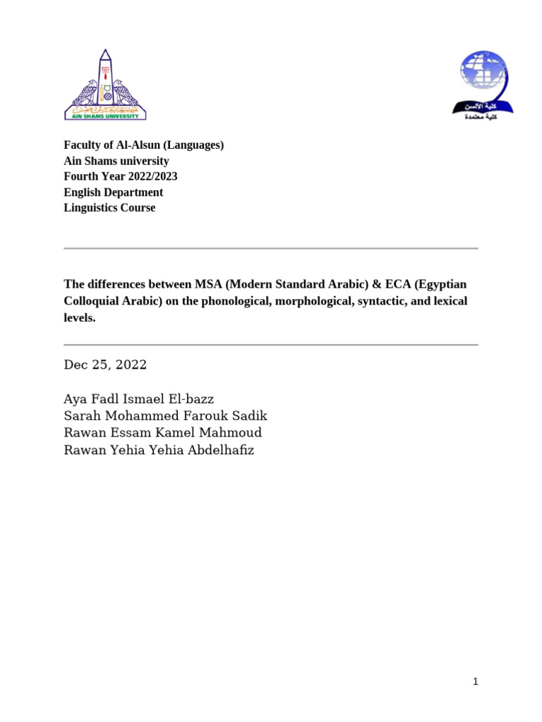 MSA vs. ECA: Linguistic Differences | PDF | Arabic | Grammatical Gender