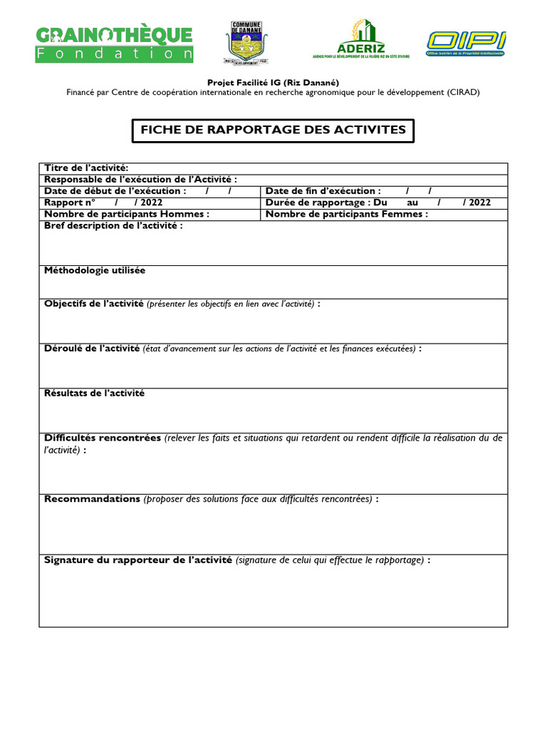 Fiche de Rapportage Activités CIRAD | PDF