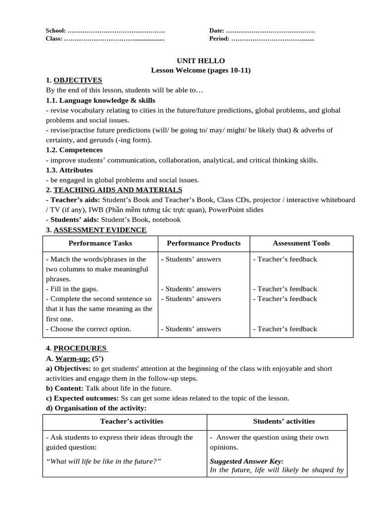 Unit Hello - Lesson Welcome - Pages 10-11 | PDF