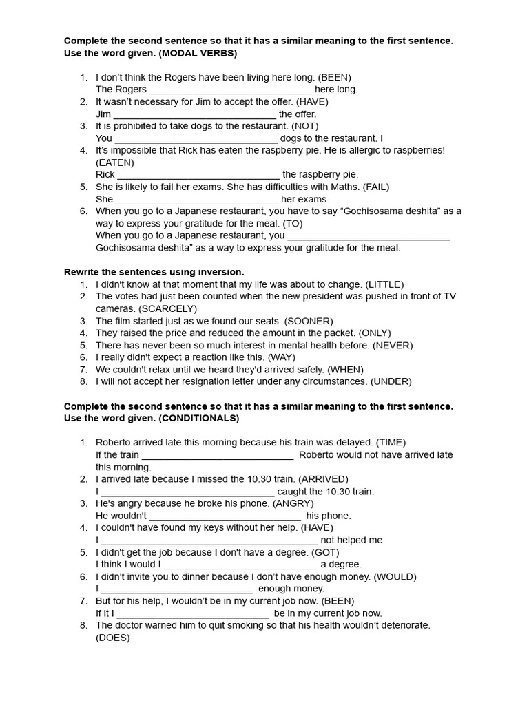 CONDITIONALS, INVERSION & MODAL VERBS PRACTICE | PDF | Syntax | Grammar