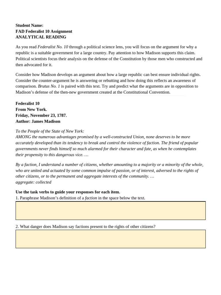 APGov FAD Federalist10Assignment | PDF | Democracy | Political Ideologies