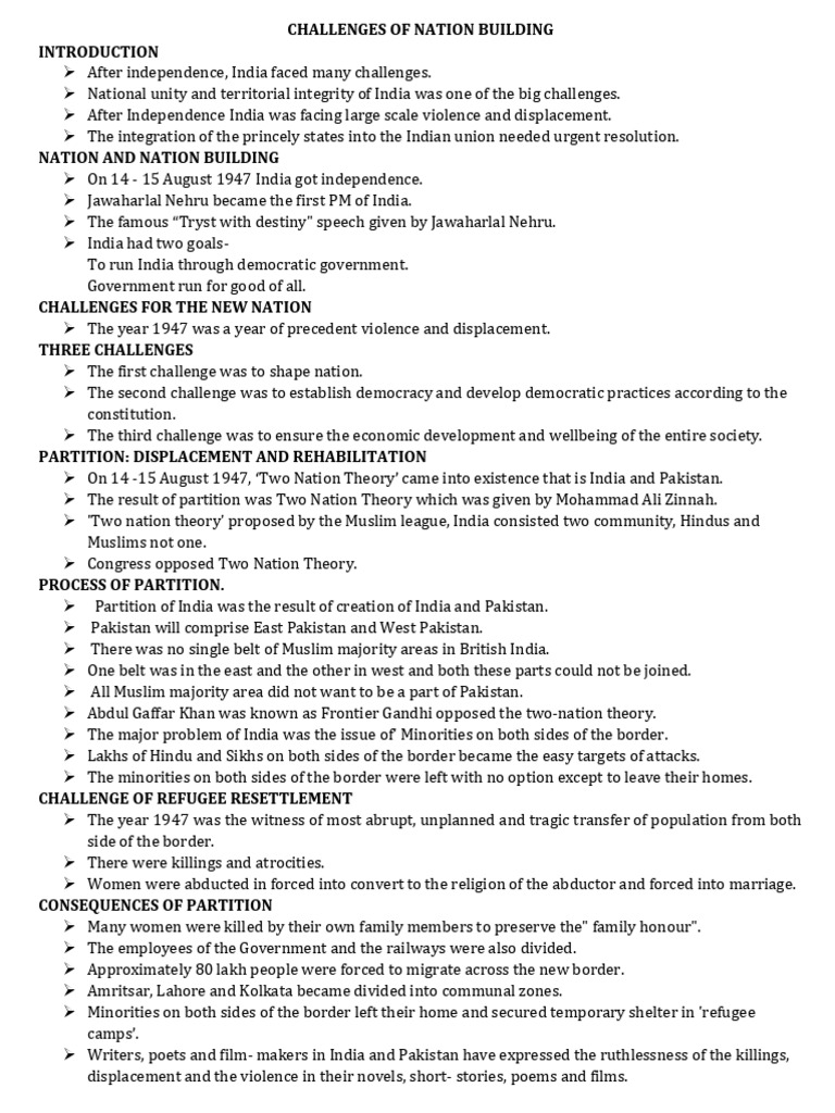 Challenges of Nation Building in India | PDF | Partition Of India | Two ...