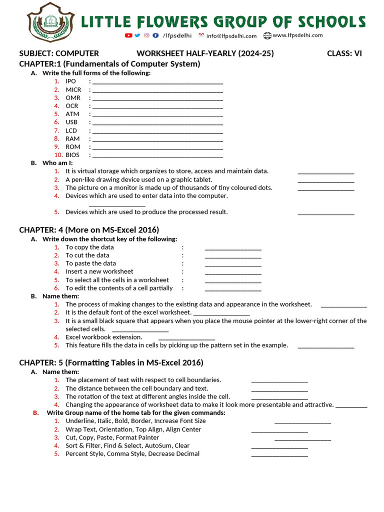 Class VI HalfYearly Worksheet Ch1Ch4 and 5 | PDF | Microsoft Excel | Computer Architecture