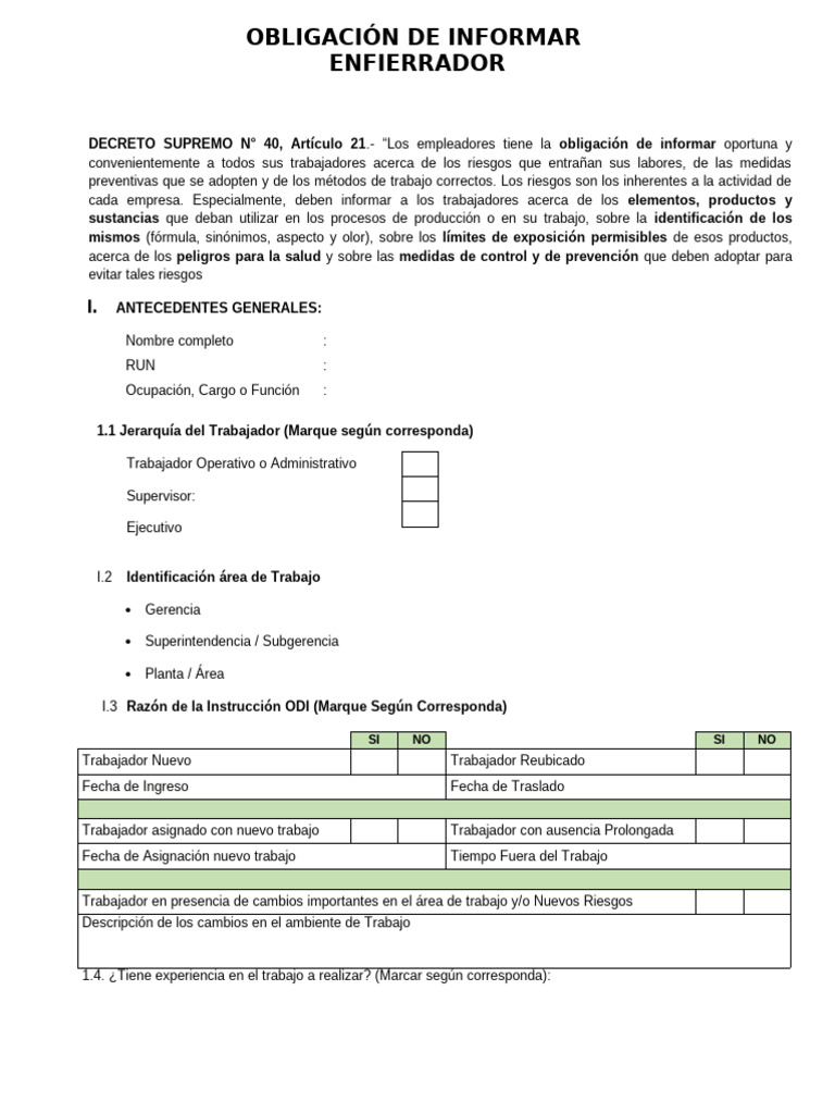 Formato Odi Enfierrador ENFIERRADURA Maquina Dobladora de Fierros | PDF | Seguridad y salud ...