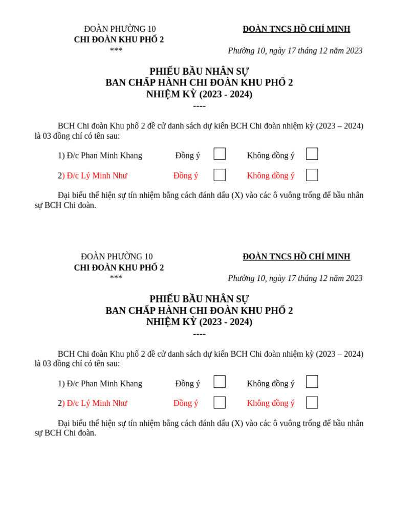 Sl 15 08 Phieu Bau Nhan Su 2023 | PDF