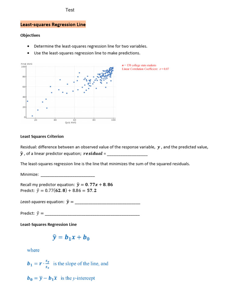 Least-Squares Regression Line - Test | PDF