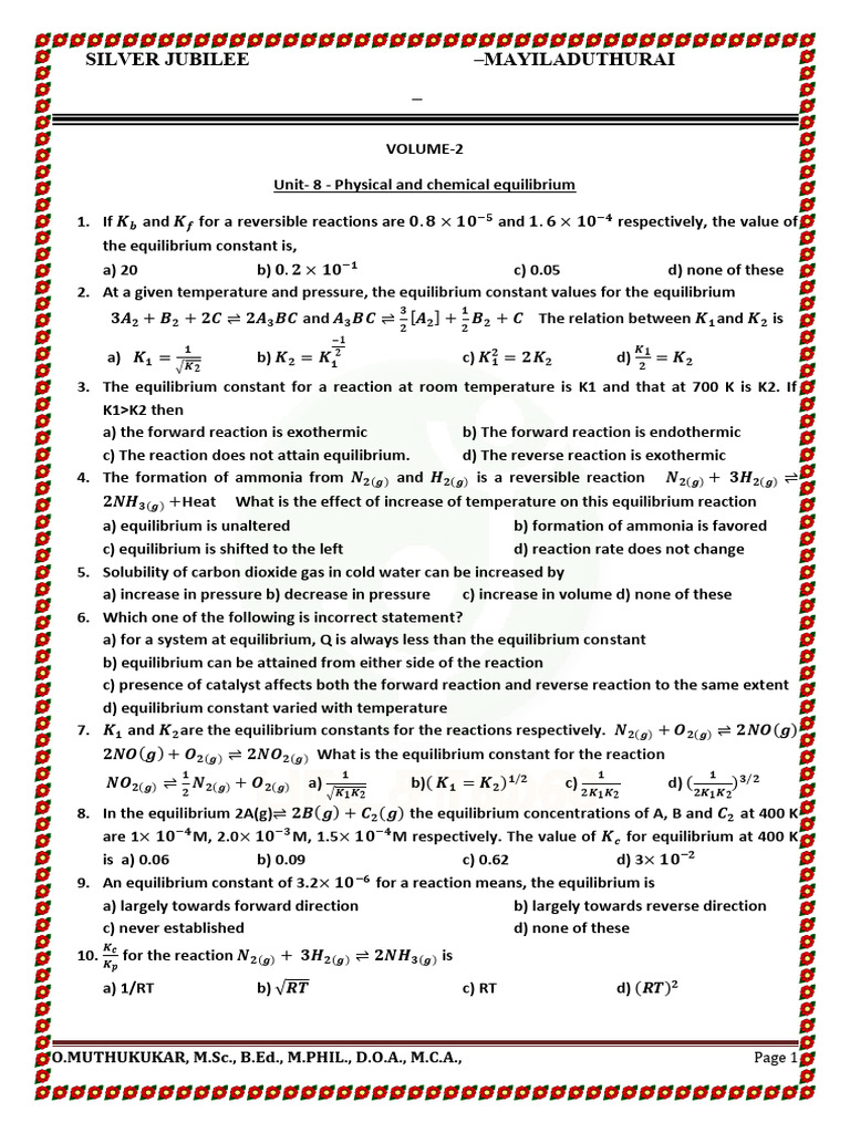 11th Chemistry Vol.2 One Mark | PDF | Chemical Equilibrium | Scientific ...