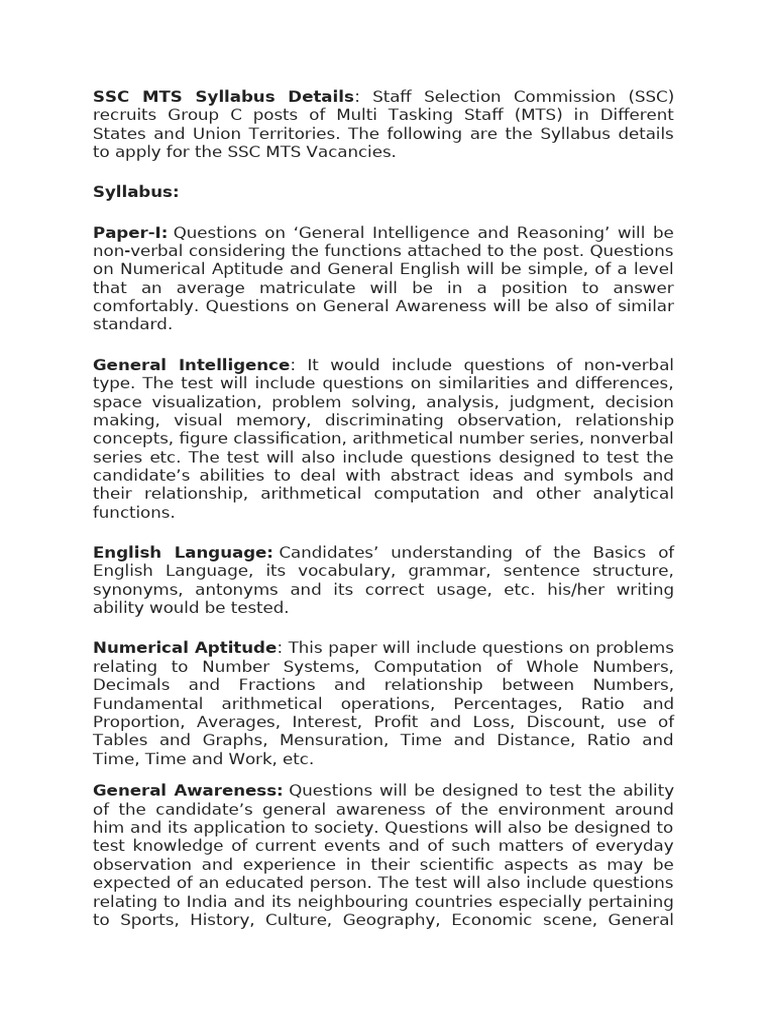SSC MTS Syllabus Details | PDF | Nonverbal Communication | Arithmetic