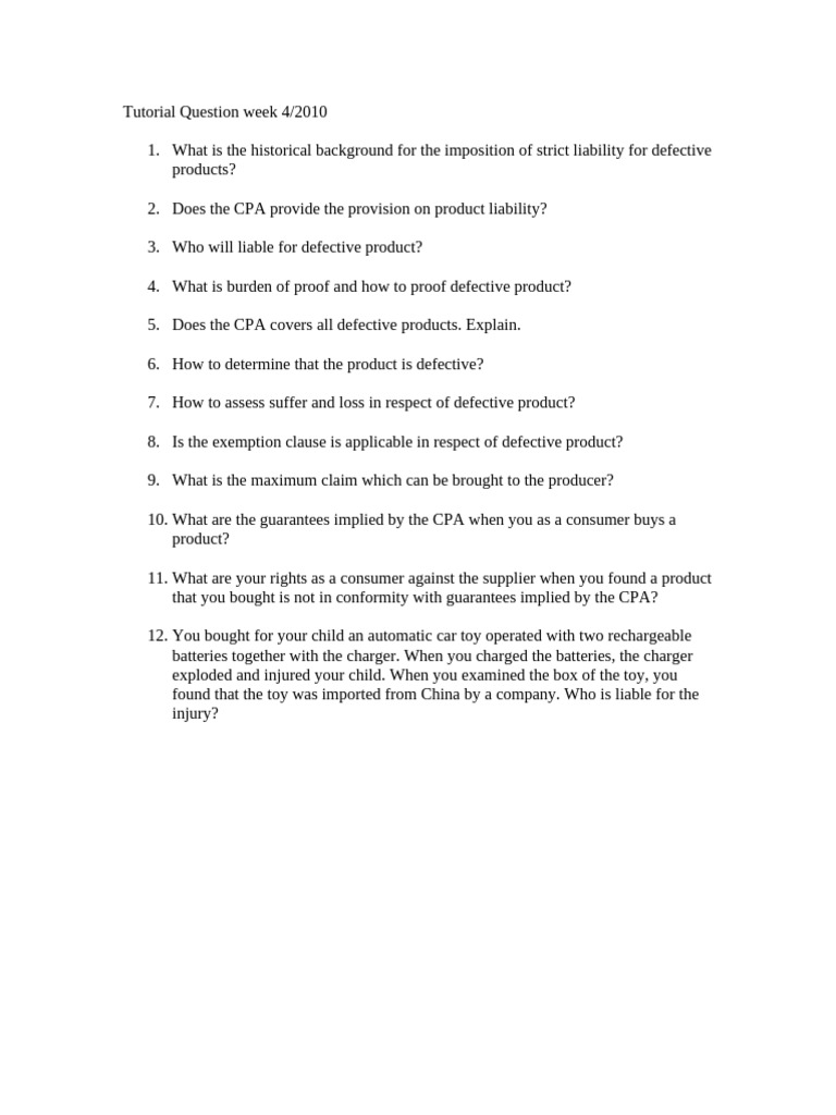 Tutorial Question Week 4-2010 | PDF | Product Liability | Legal Liability