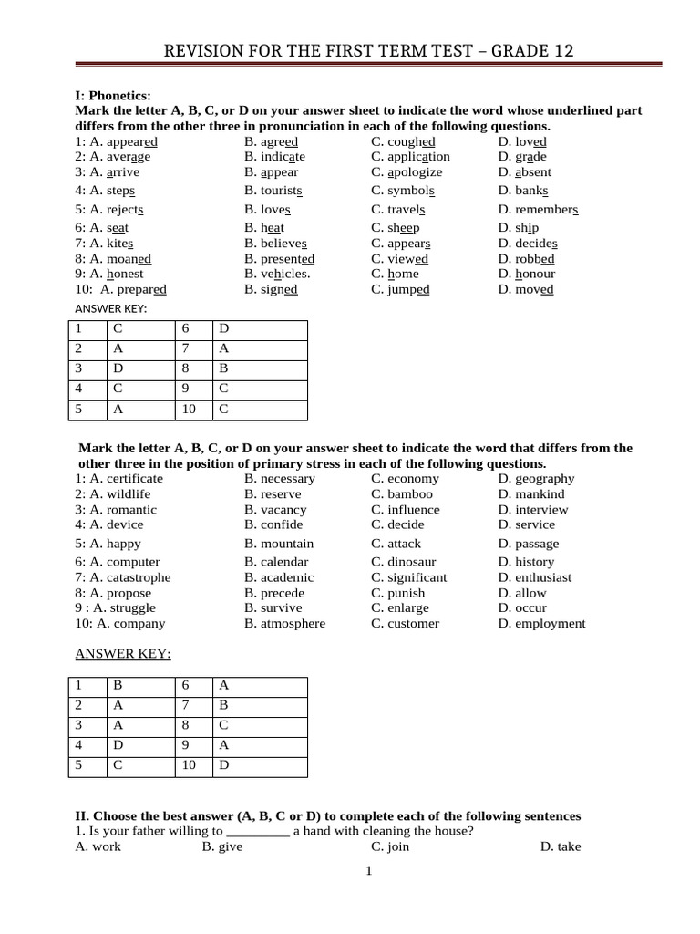 Revision For The First Term Test - Grade 12 | PDF