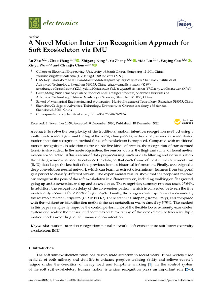 A Novel Motion Intention Recognition Approach For Soft Exoskeleton Via IMU | PDF | Artificial ...