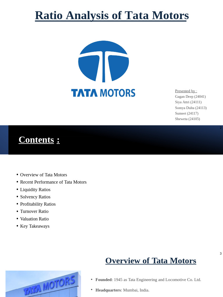 Tata Motors Ratio Analysis Overview | PDF | Dividend | Price–Earnings Ratio