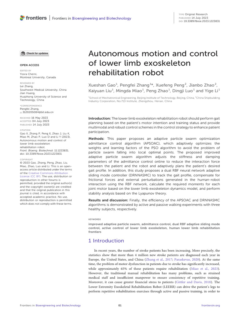 Autonomous motion and control of lower limb exoskeleton rehabilitation ...