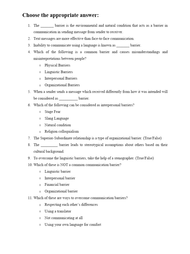 Communication Barriers Quiz Pdf