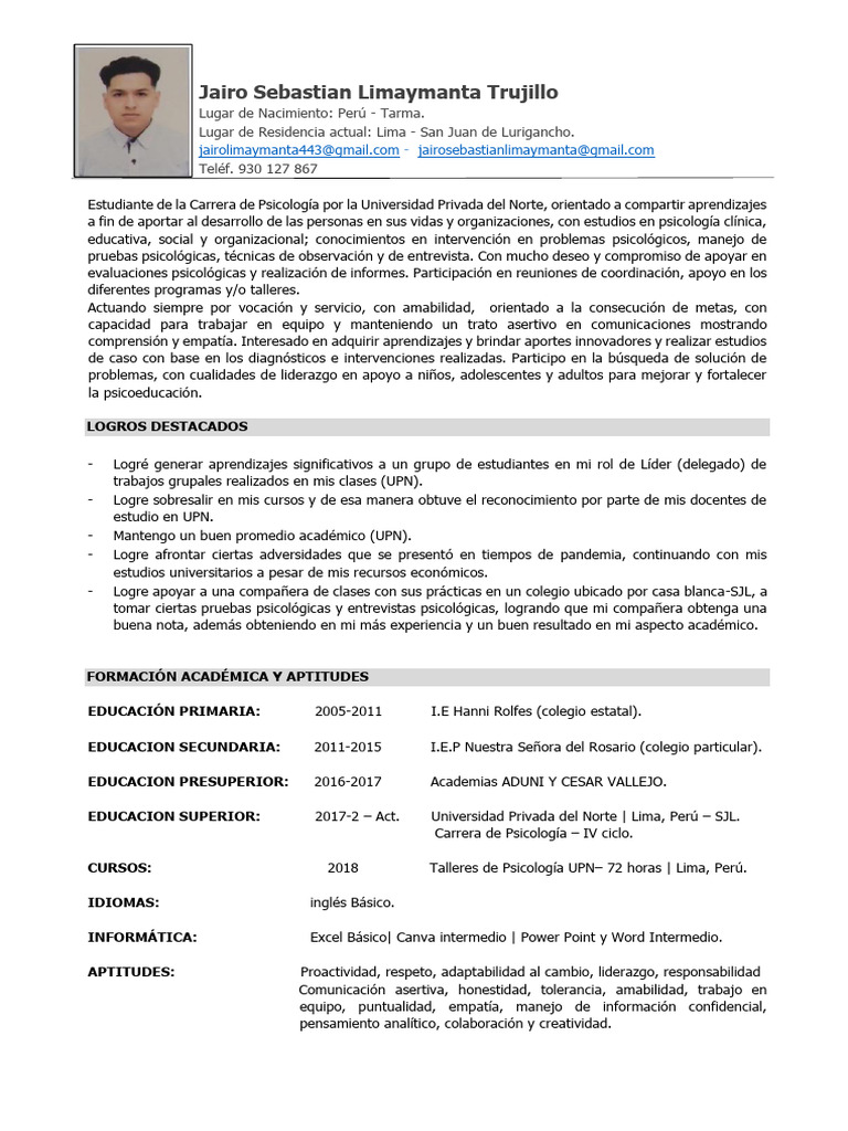 CV-Limaymanta-Jairo (2024-2) Psicologia | PDF | Sicología | Las emociones