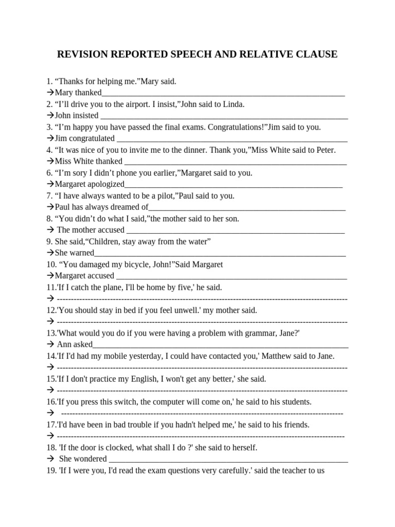 Reported Speech and Relative Clauses Exercises | PDF