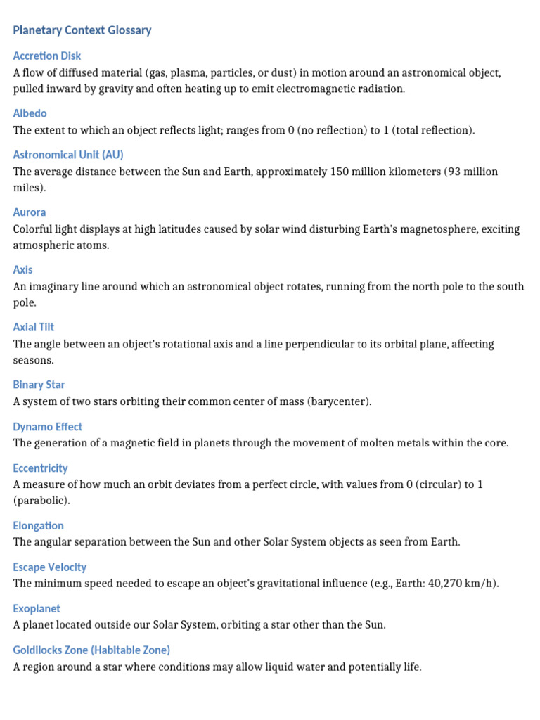 Glossary (Planetary Context) | PDF | Orbit | Planets
