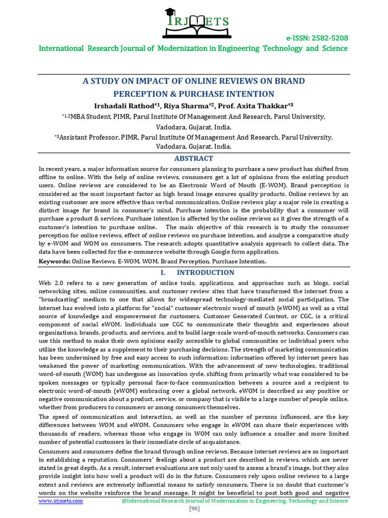 A Study On Impact of Online Reviews On Brand | PDF | Student's T Test ...