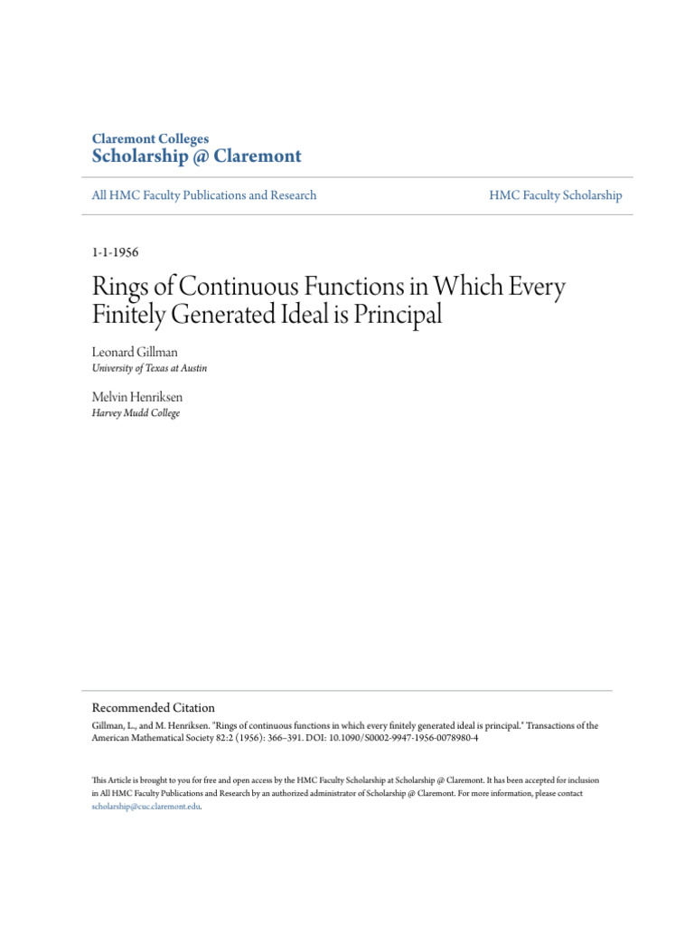 Rings of Continuous Functions in Which Every Finitely Generated I | PDF | Ring (Mathematics ...