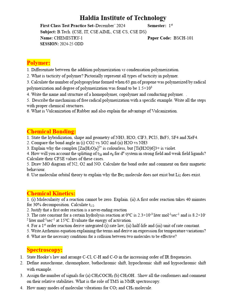 BSCH 101 Practice Set - CT2 - ODD - 24-25-1 | PDF | Polymerization ...