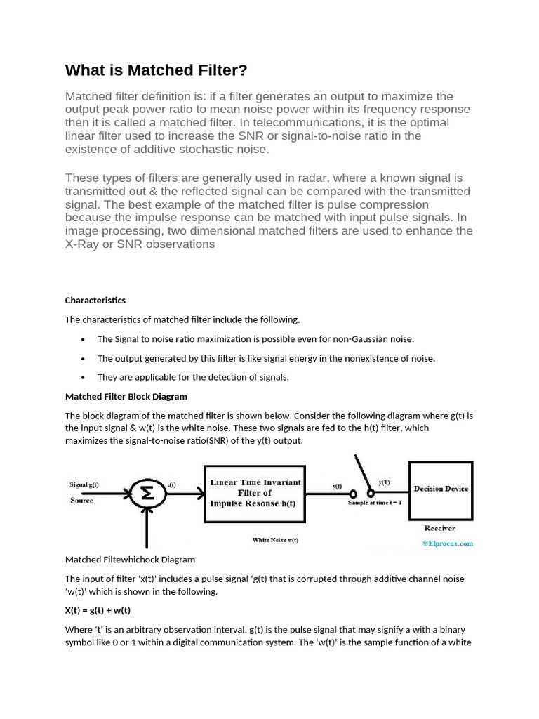Matched Filter: Definition and Applications | PDF | Signal To Noise ...