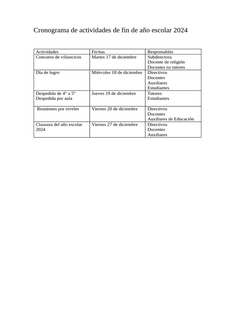 Cronograma de Actividades de Fin de Año Escolar 2024 | PDF