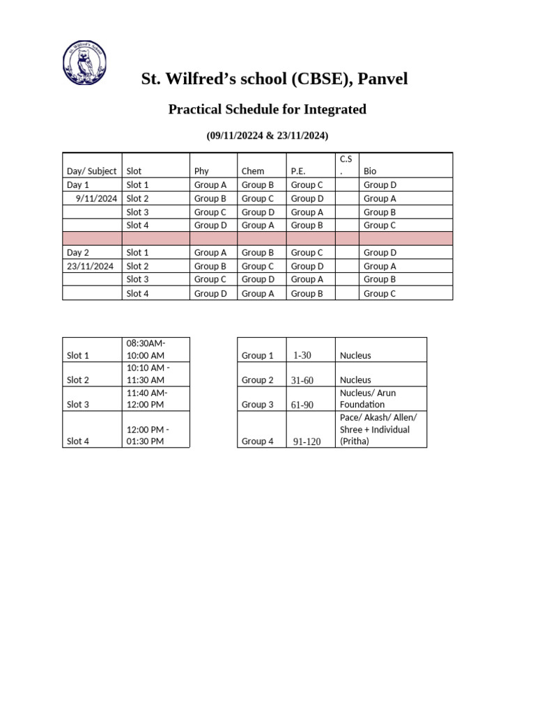 St. Wilfred's CBSE Practical Schedule 2024 | PDF