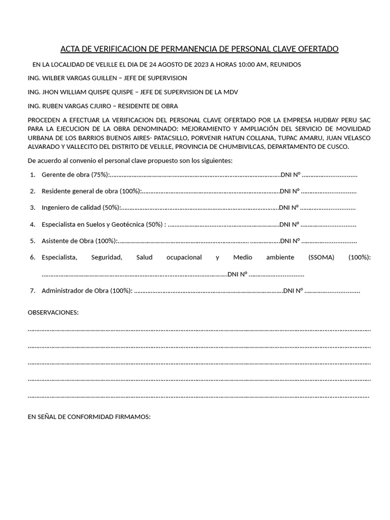 Acta de Verificacion de Personal Clave Ofertado Mech | PDF