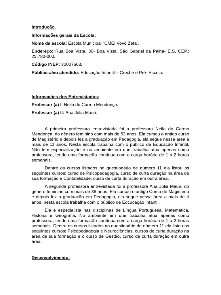 Entrevista com Professoras do CMEI Vovó Zefa | PDF | Família | Amor