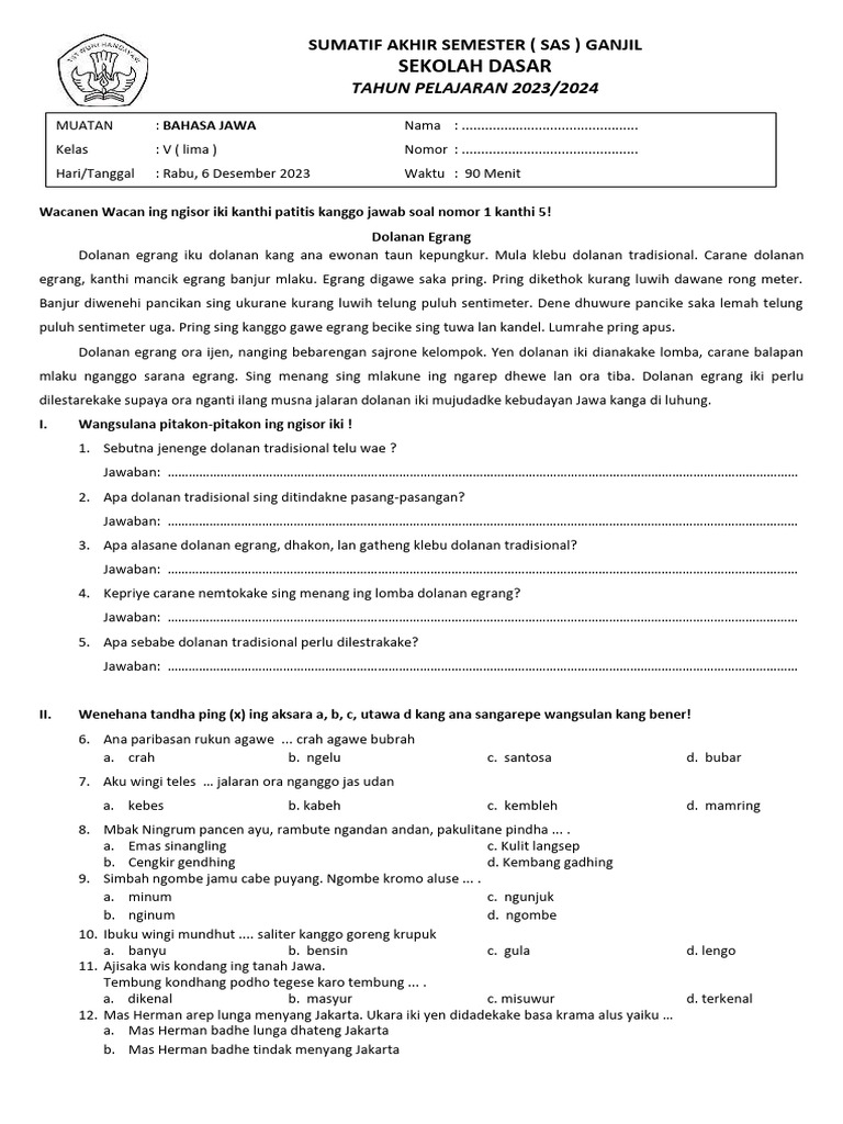 Soal SAS Ganjil Bahasa Jawa Kelas 5 TH 2023 | PDF