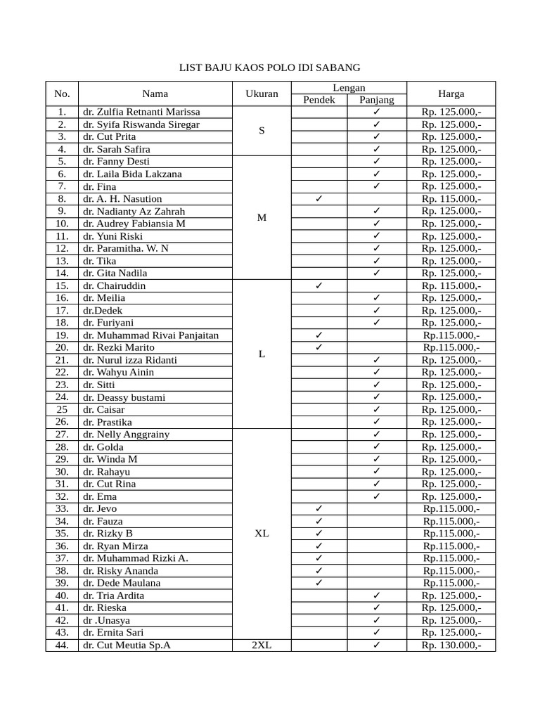 LIST BAJU KAOS POLO IDI SABAN1 | PDF