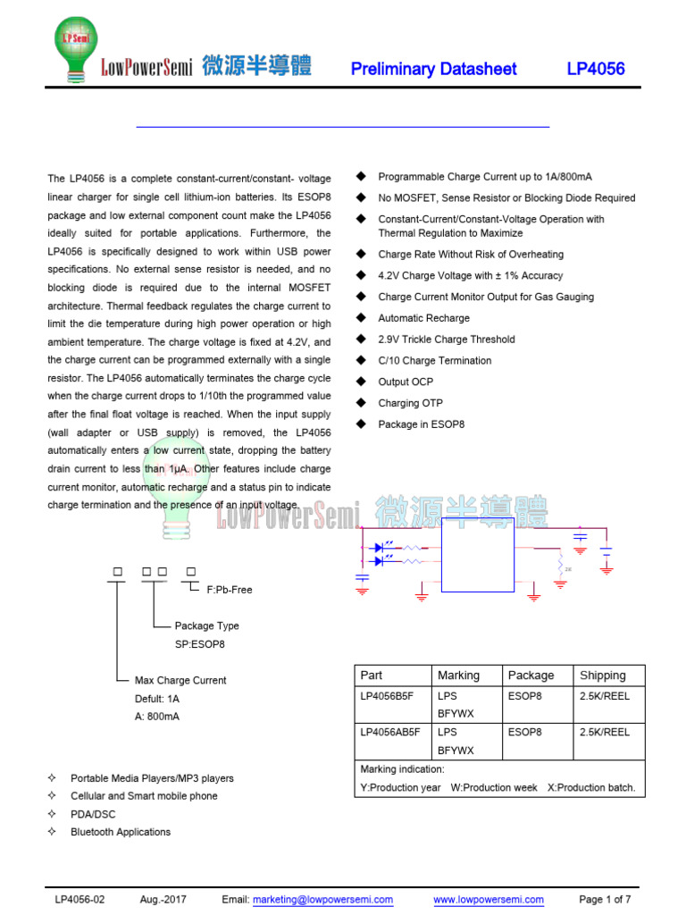 LP4056-Lowpowersemi | PDF | Battery Charger | Electrical Engineering