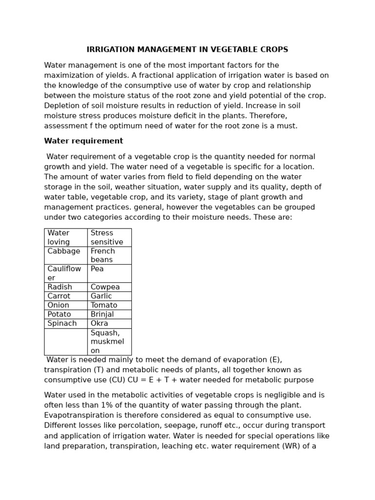Irrigation Management in Vegetable Crops | PDF | Vegetables | Legume