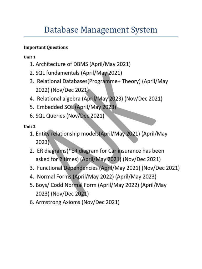 DBMS important questions | PDF DBMS important questions | PDF