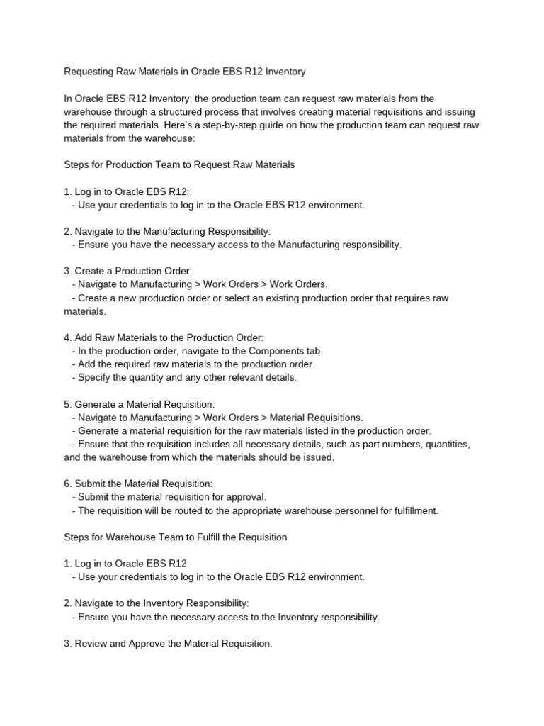 Requesting Raw Materials in Oracle EBS R12 Inventory | PDF | Warehouse ...