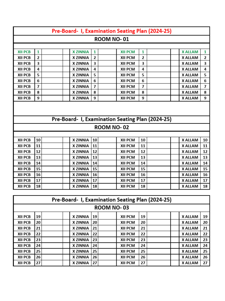Pre-Board I, X & XII Examination Seating Plan (2024-25) | PDF