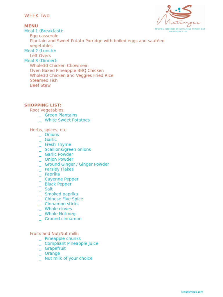 Week Two Menu and Shopping List | PDF | Scallion | Salad