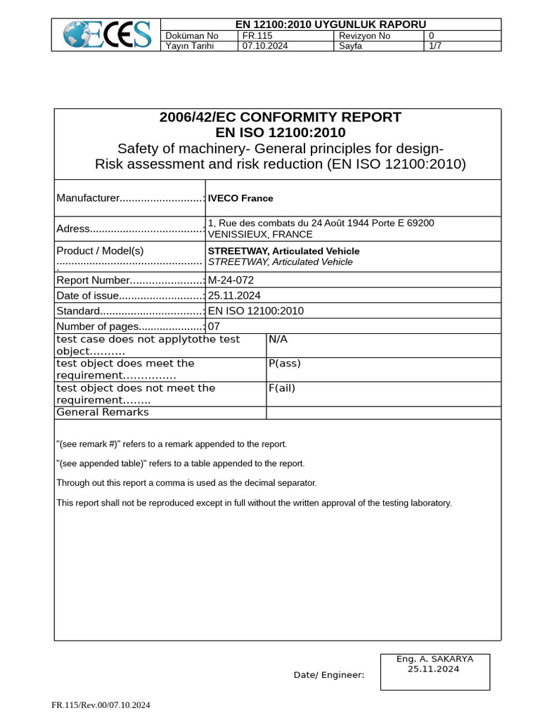 En 12100 - Uygunluk Raporu-Iveco France | PDF | Risk | Risk Assessment