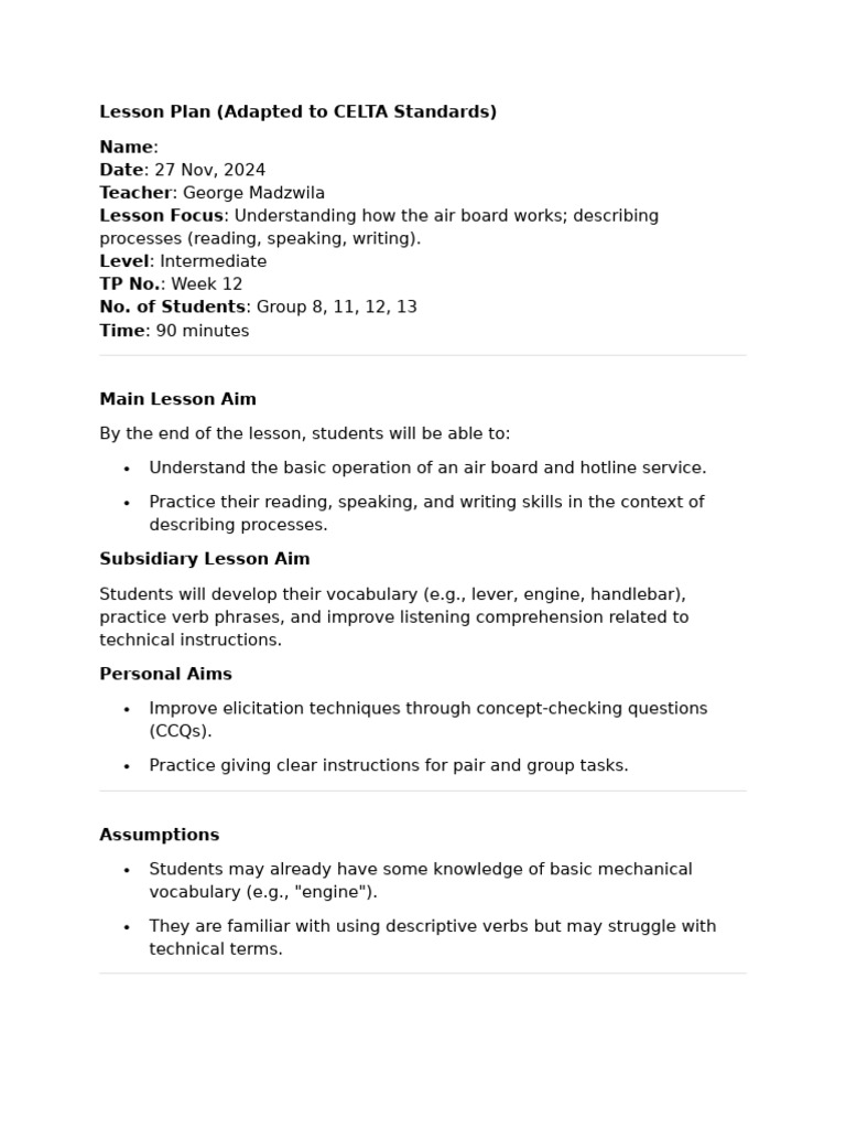 Lesson Plan (Adapted to CELTA Standards) | PDF | Vocabulary | Reading ...