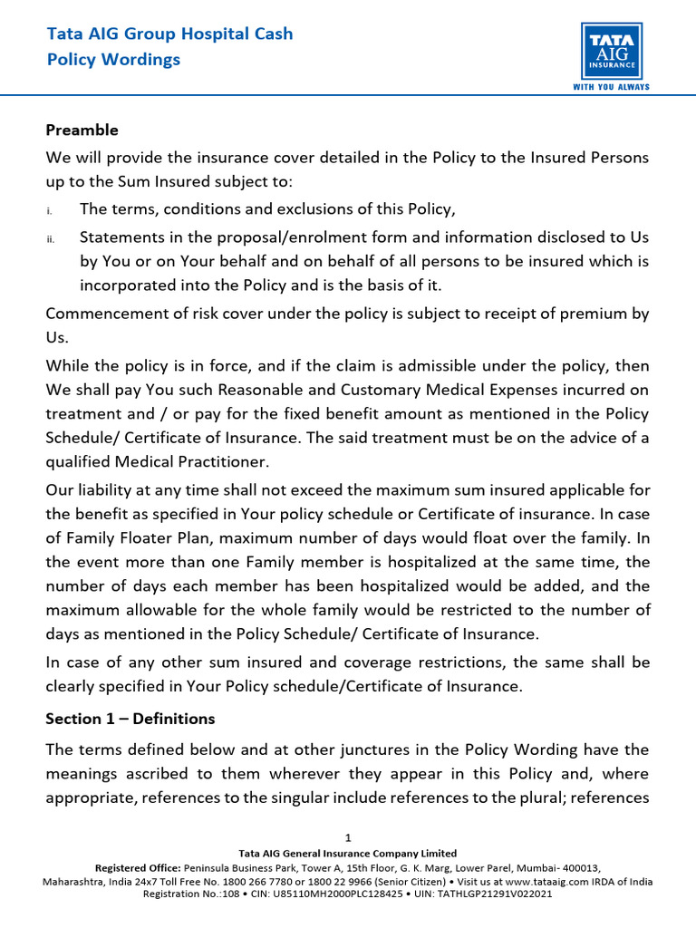 Tata AIG Group Hospital Cash | PDF | Insurance | Hospital