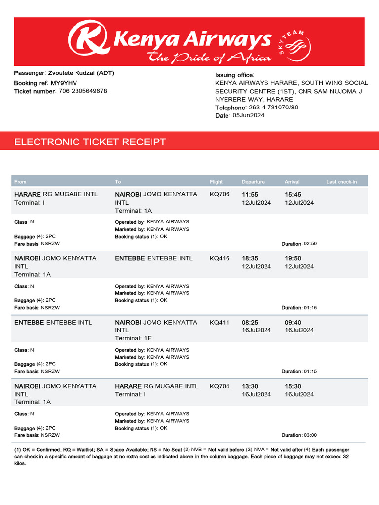Kenya Airways E-Documents For KUDZAI ZVOUTETE | PDF