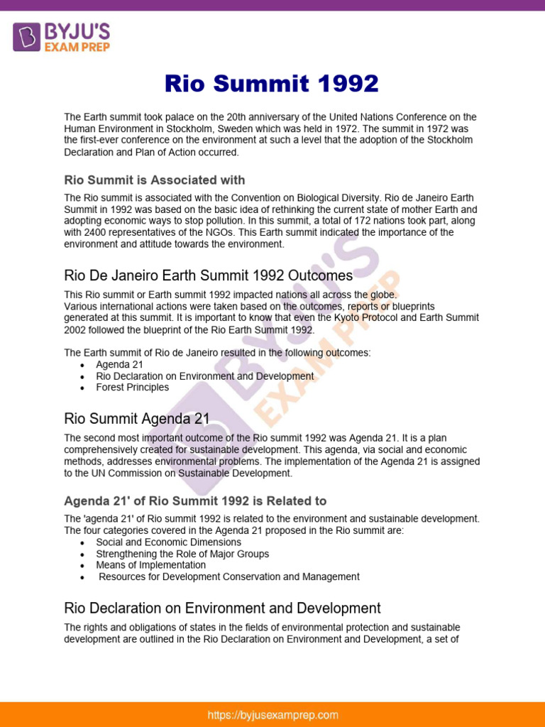 Rio Summit 1992 Upsc Notes 22 | PDF | Sustainability | United Nations ...